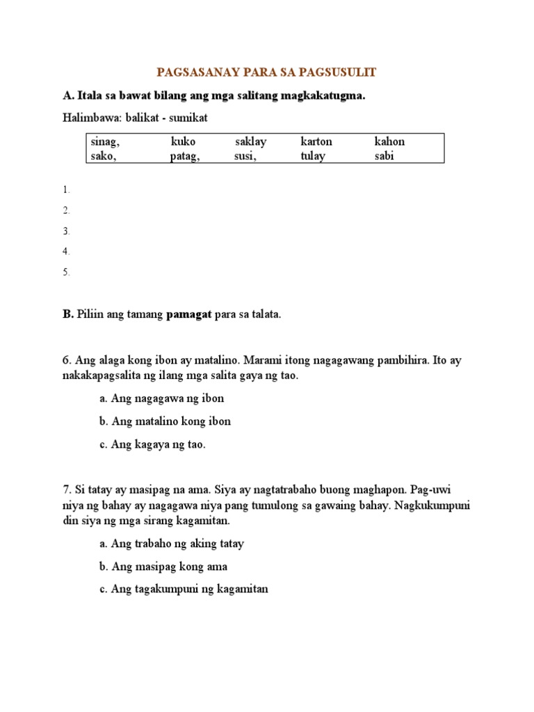 Pagsasanay para Sa Pagsusulit Sa Filipino | PDF