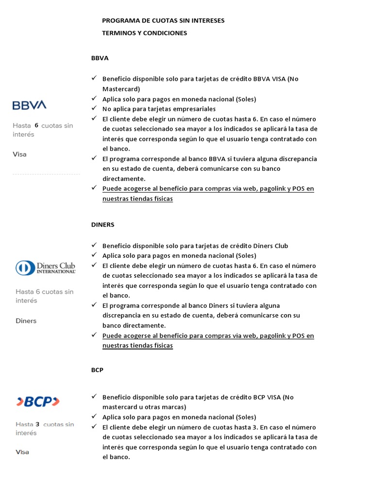 Cuotas Sin Intereses BBVA, Diners y BCP | PDF | Finanzas y dinero | Derecho