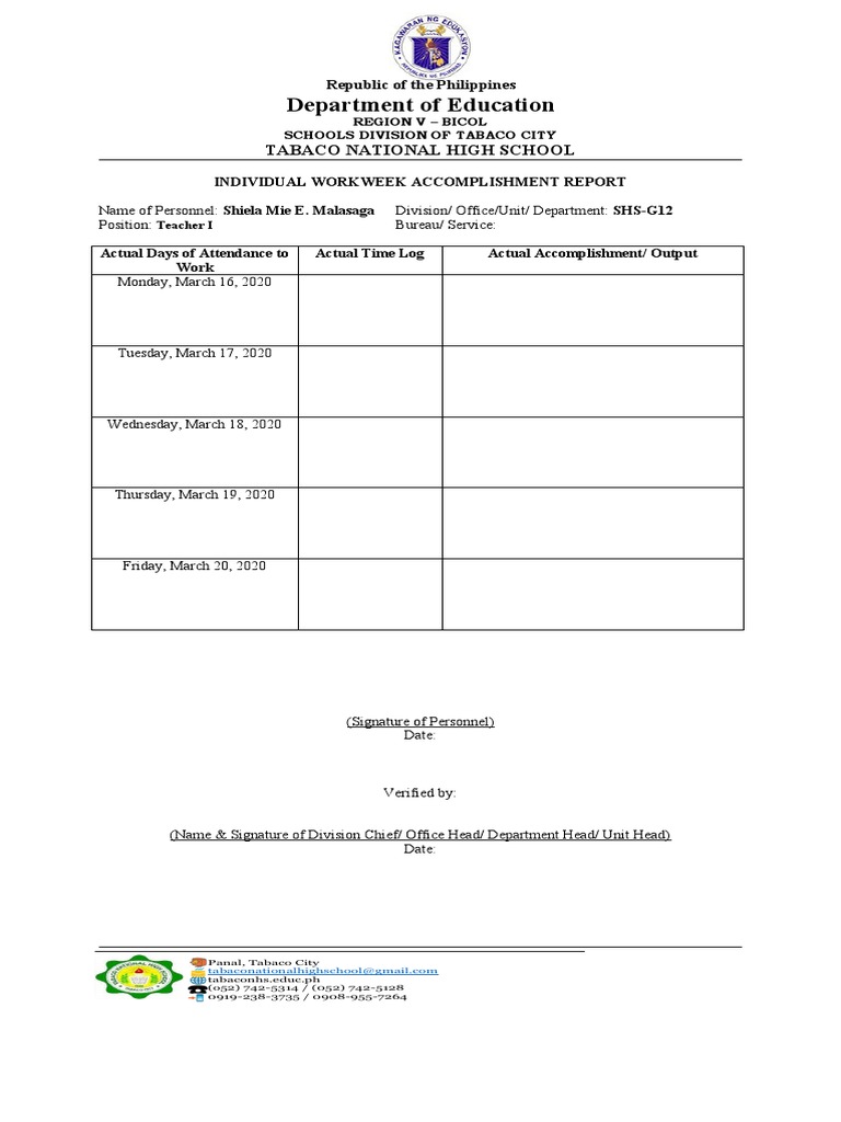 Individual Workweek Accomplishment Report | PDF | Workweek And Weekend