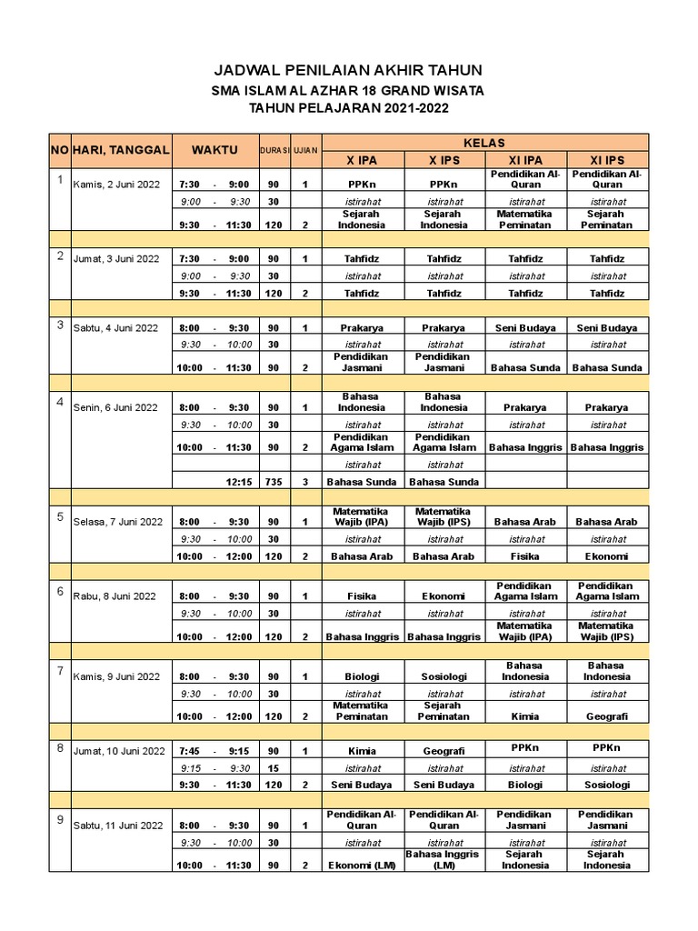 Jadwal PAT Online - Jadwal Pelajaran | PDF