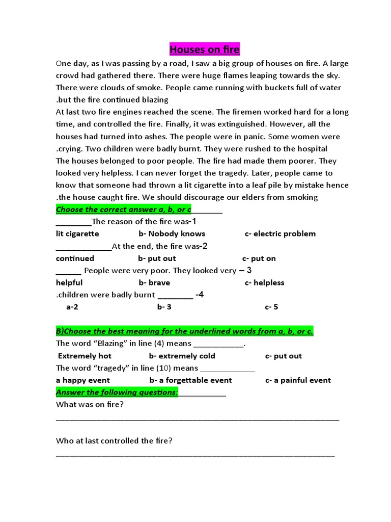 Houses On Fire Reading Comprehension Exercises - 58259 | PDF