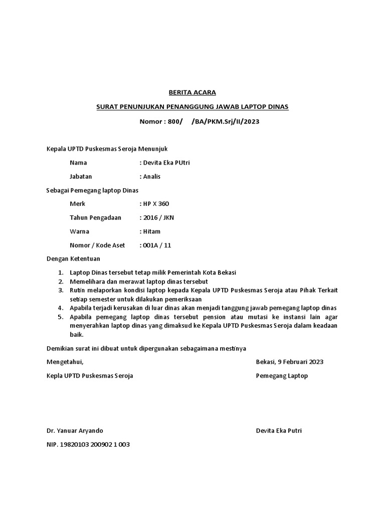 Surat Penunjukan Laptop Dinas 2023 | PDF