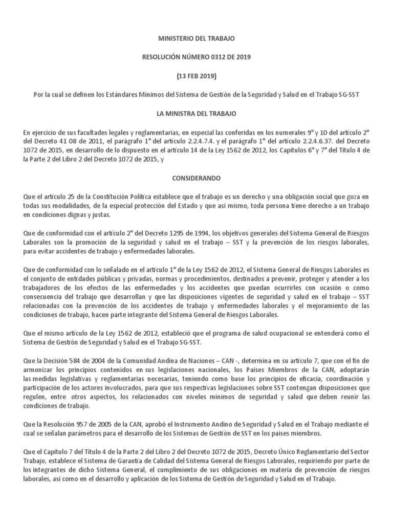 Resolucion 0312 de 2019 | PDF | Seguridad y salud ocupacional | Derecho laboral