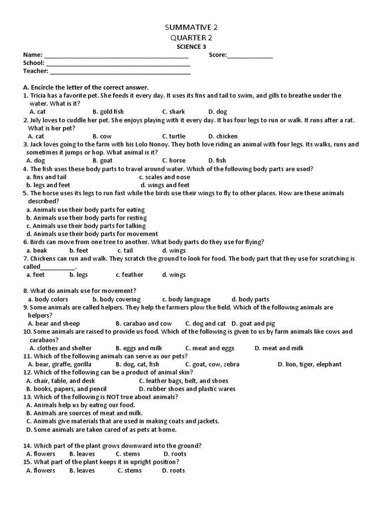 Grade 3 Science Summative Test 2 | PDF | Fish | Animals And Humans