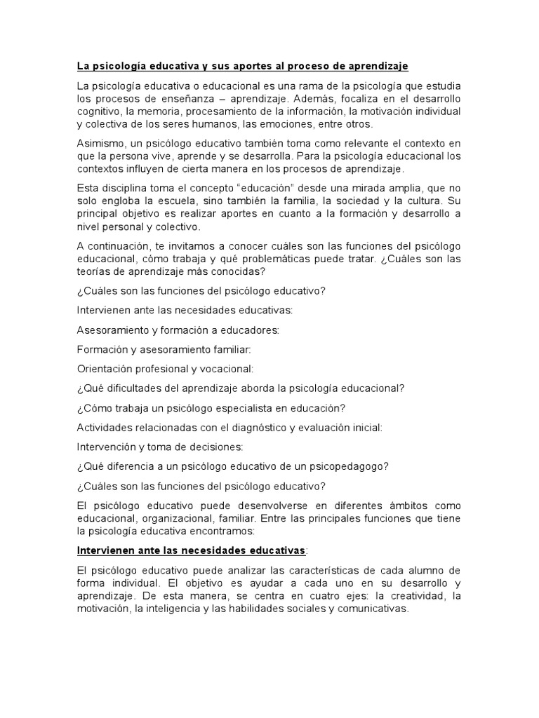 La Psicología Educativa y Su Aporte Al Proceso de Aprendizaje | PDF ...
