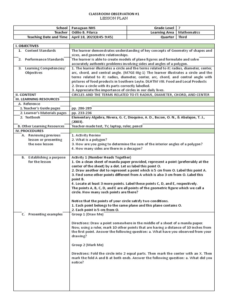 Classroom Observation 3rd Quarter Math 7 LP | PDF | Circle | Angle