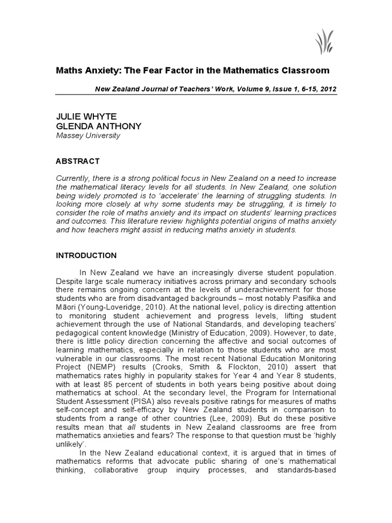 Whyte and Anthony (2012) Maths Anxiety The Fear Factor in The ...
