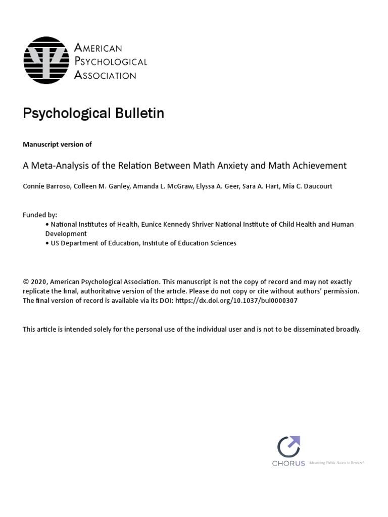 Psychological Bulletin: A Meta-Analysis of The Relation Between Math Anxiety and Math ...