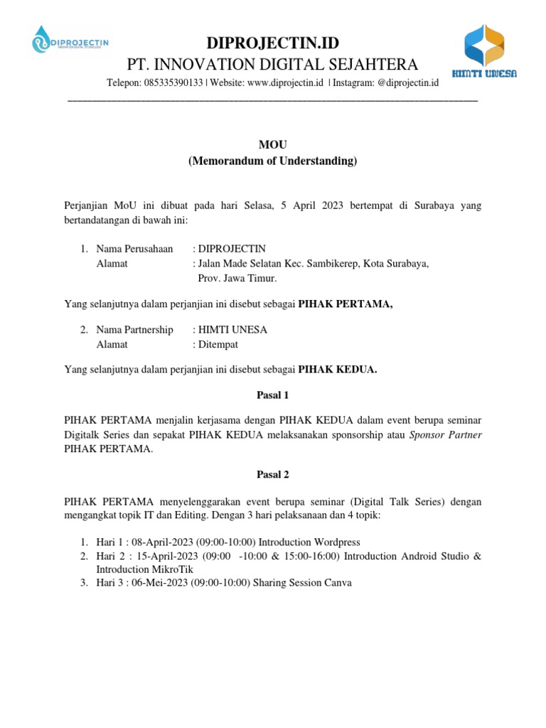 DRAFT MOU Event - DIPROJECTIN - ID | PDF