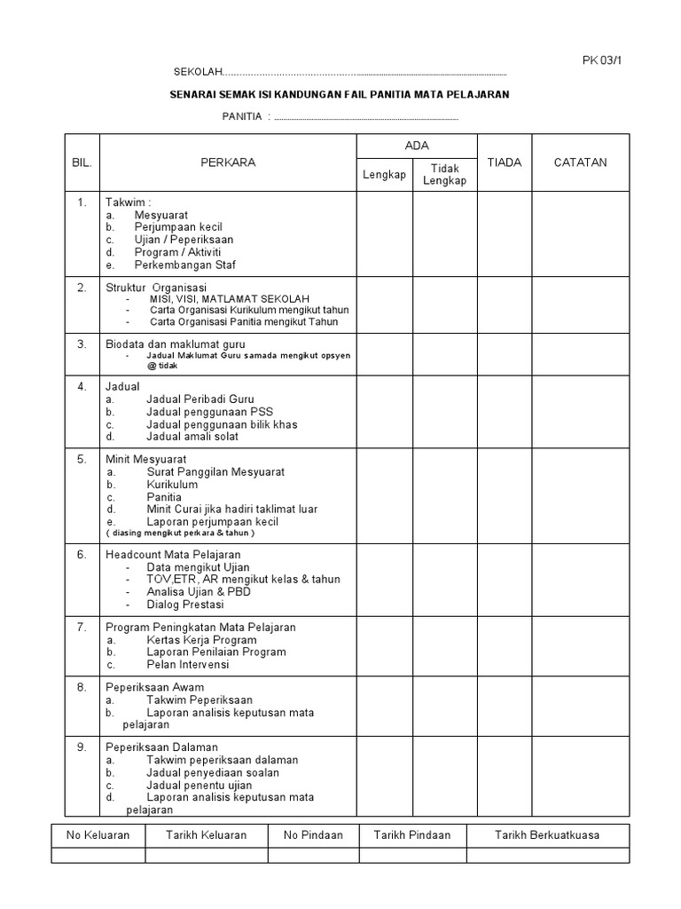Senarai Semak Isi Kandungan Fail Panitia | PDF