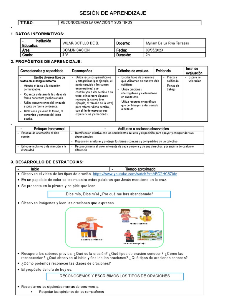 Sesión de Aprendizaje Reconocemos La Oración y Sus Tipos. | PDF ...