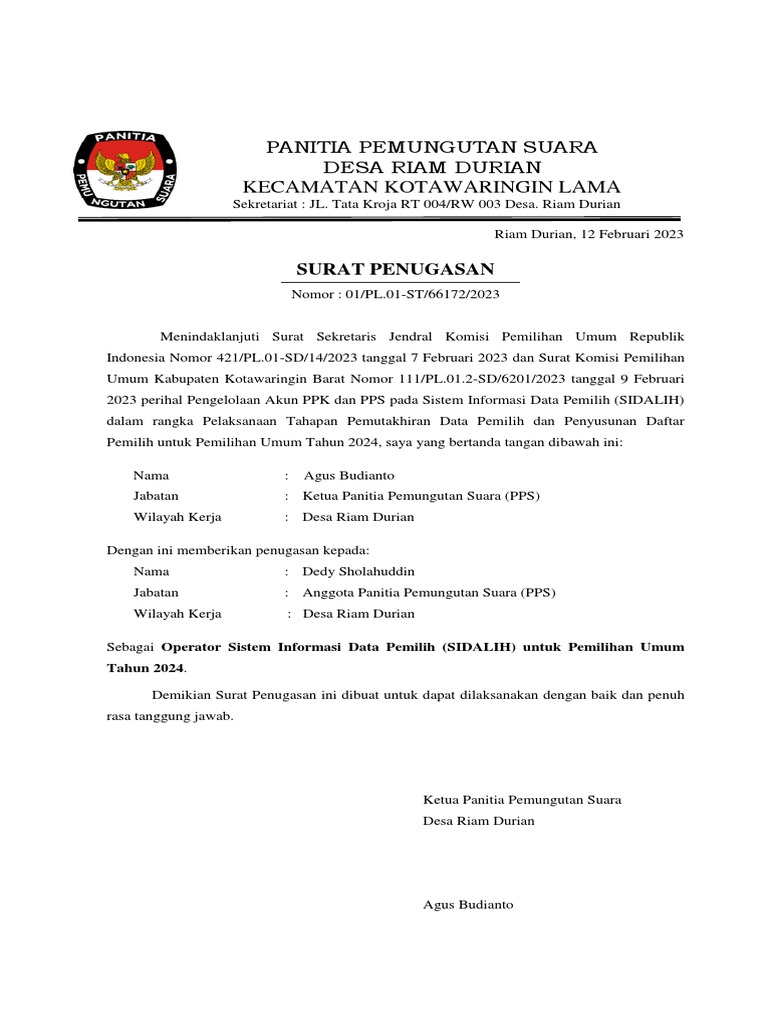 Penugasan Operator SIDALIH Riam Durian | PDF