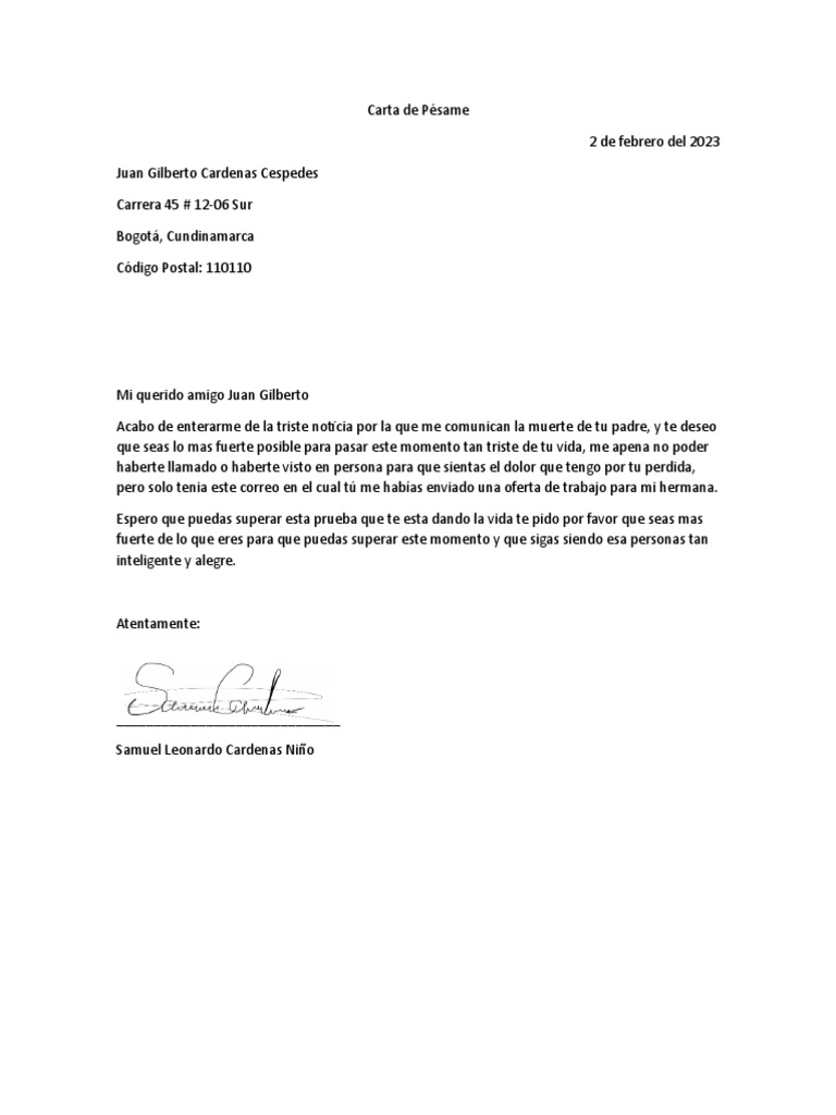 Carta de Pésame | PDF