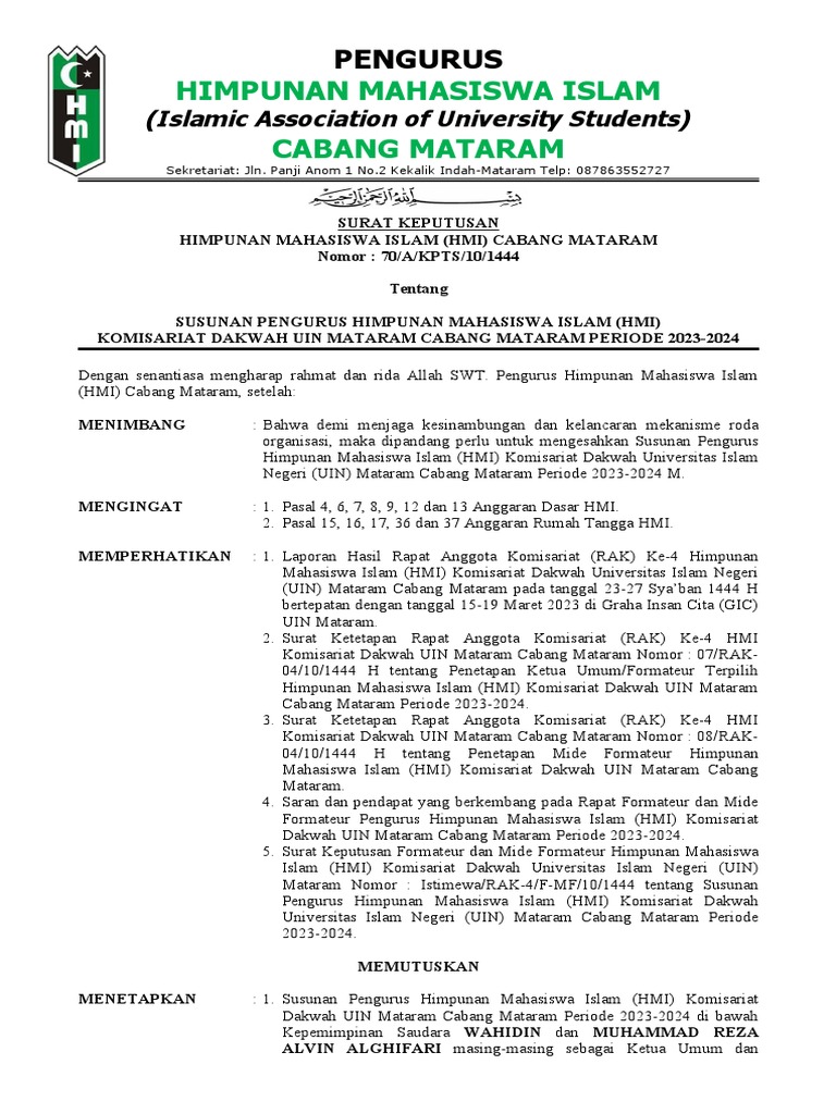 SK Pengurus HMI Komisariat Dakwah UIN Mataram Cabang Mataram Periode ...