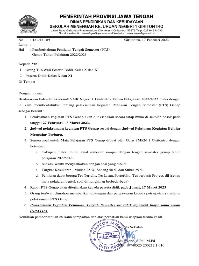 Surat Edaran PTS Dan PAS Genap 22-23 (Siswa Dan Orang Tua Wali) | PDF