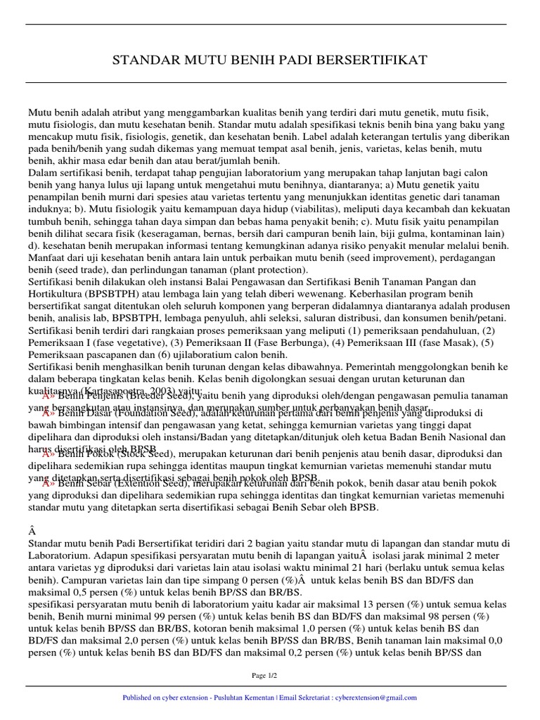 Standar Mutu Benih Padi Bersertifikat: Page 1/2 | PDF | Sains & Matematika
