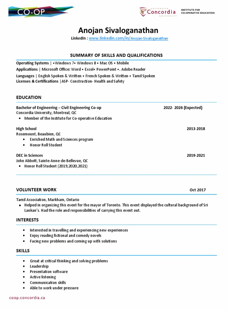 Gina Cody School of Engineering and Computer Science Résumé Template ...
