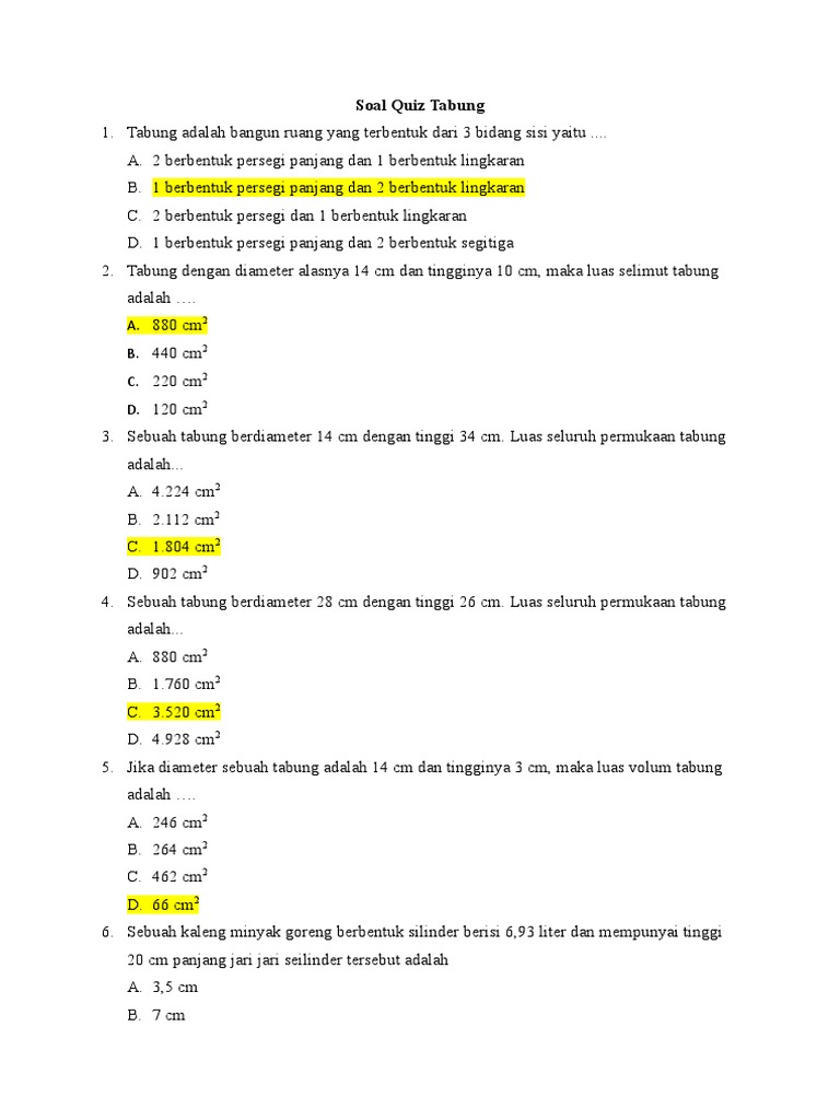 Soal Quiz Bangun Ruang Tabung | PDF | Griya & Taman