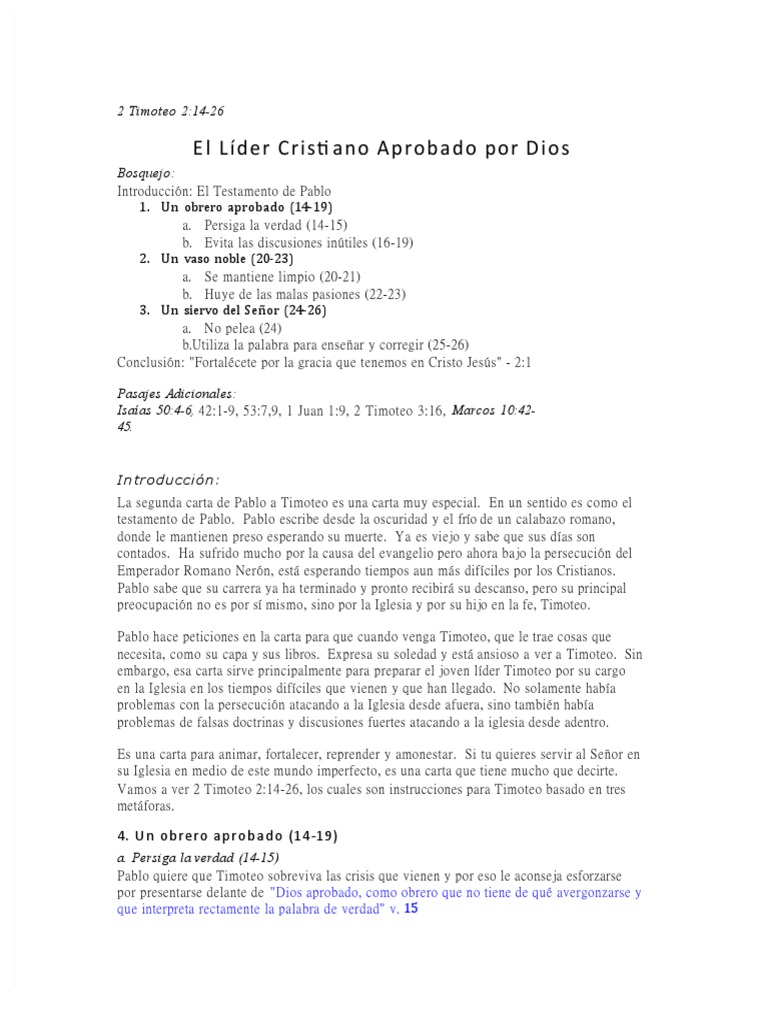PDF 2 Timoteo 2 14 26 El Lider Cristiano Aprobado Por Dios Texto | PDF | Pablo el apóstol | Biblia