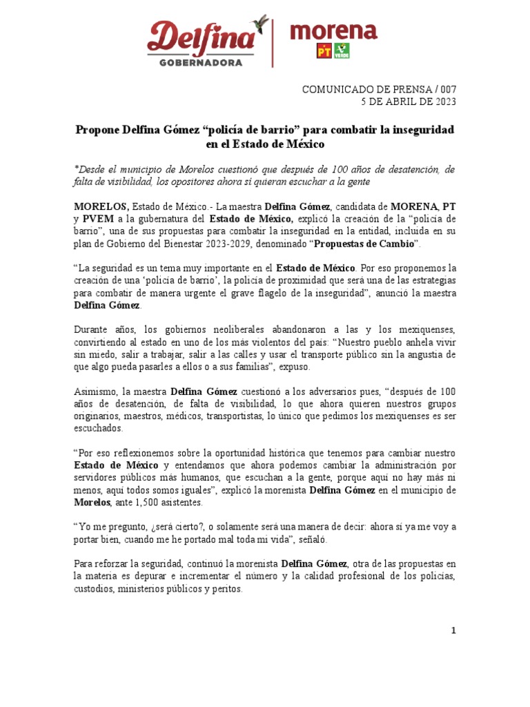 COMUNICADO 007. Propone Delfina Gómez "Policía de Barrio" para Combatir La Inseguridad en El ...