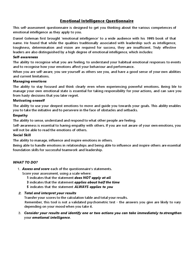 Emotional Intelligence Questionnaire | PDF | Emotional Intelligence ...