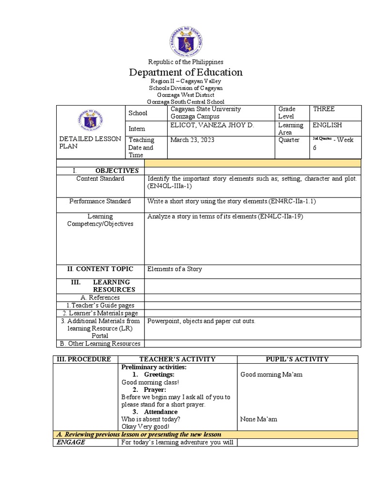 Elements of a Story Lesson Plan | PDF | Teachers | Pedagogy