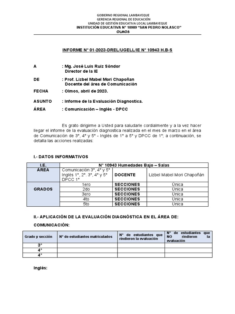 Informe Evaluacion Diagnostica 2023 Pdf Evaluación Información 5346