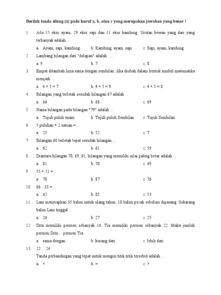 Soal MTK Kls 1 | PDF