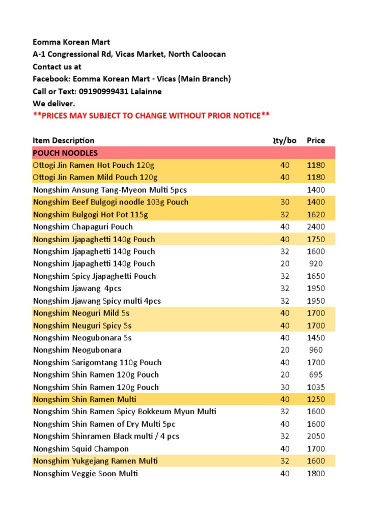Eomma Korean Mart Price List | PDF | Sauce | Mayonnaise