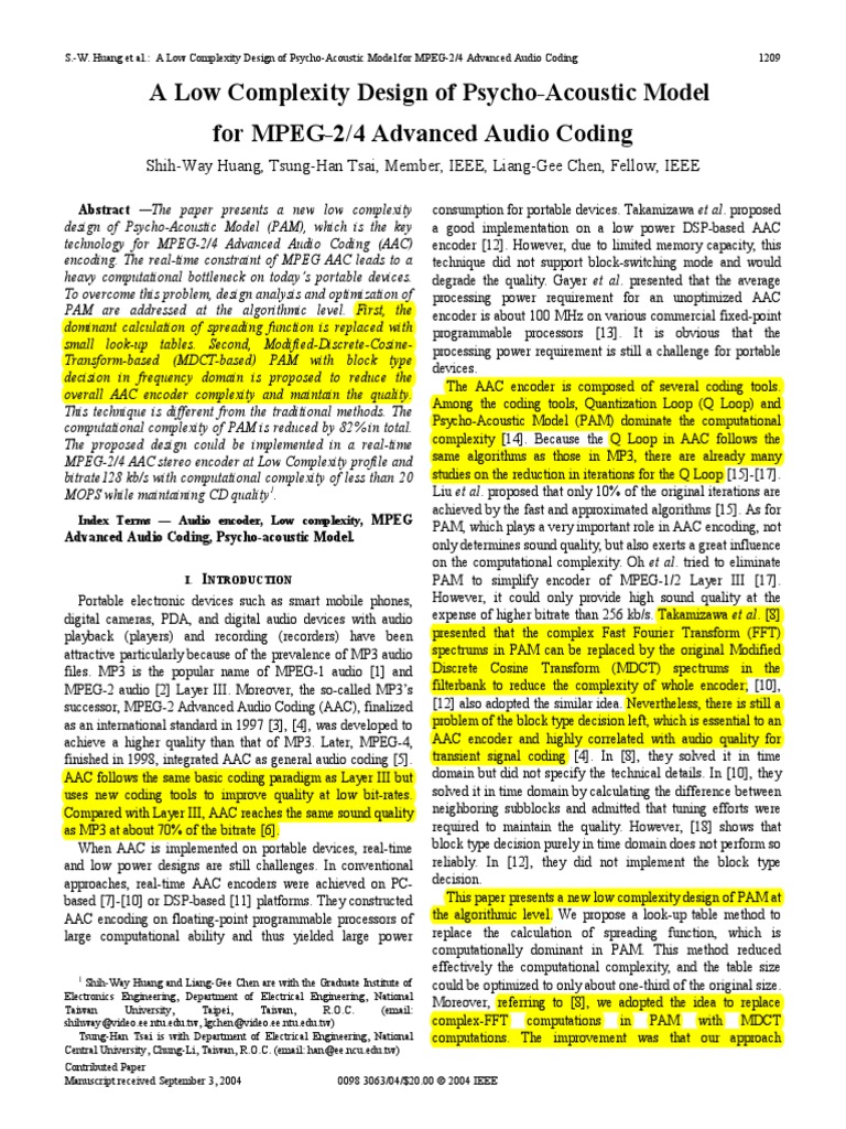 A Low Complexity Design of Psycho-Acoustic Model For MPEG-2 - 4 Advanced Audio Coding | PDF ...