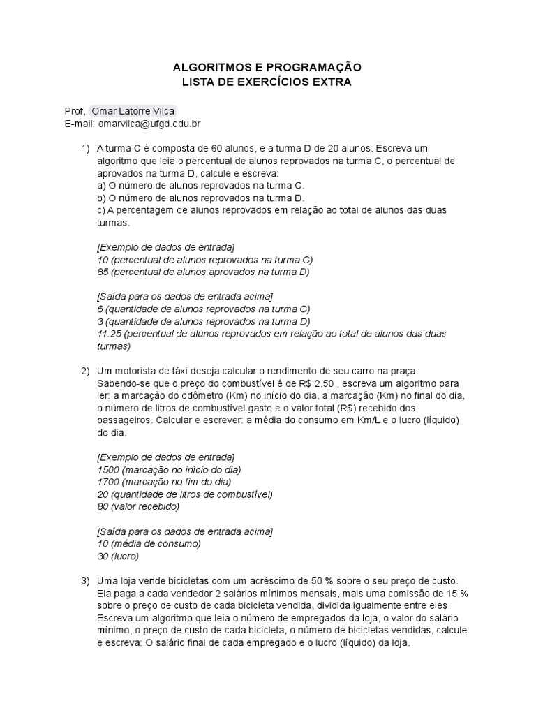 Lista de Exercícios Extra | PDF