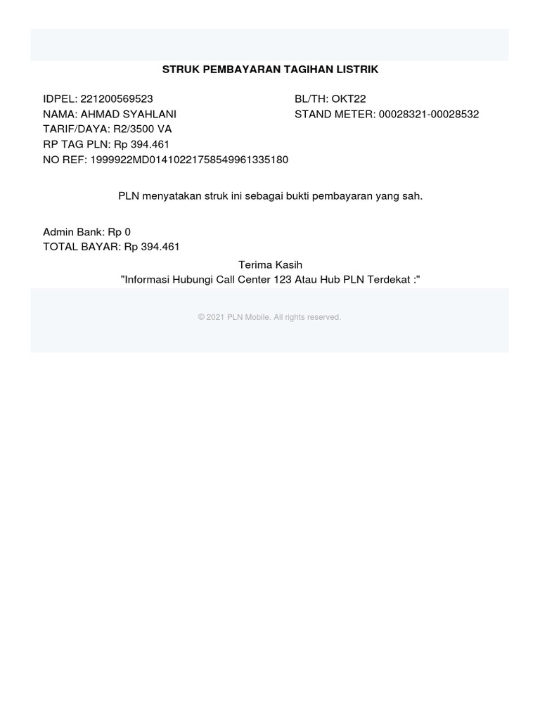Struk Pembayaran Tagihan Listrik: © 2021 PLN Mobile. All Rights ...