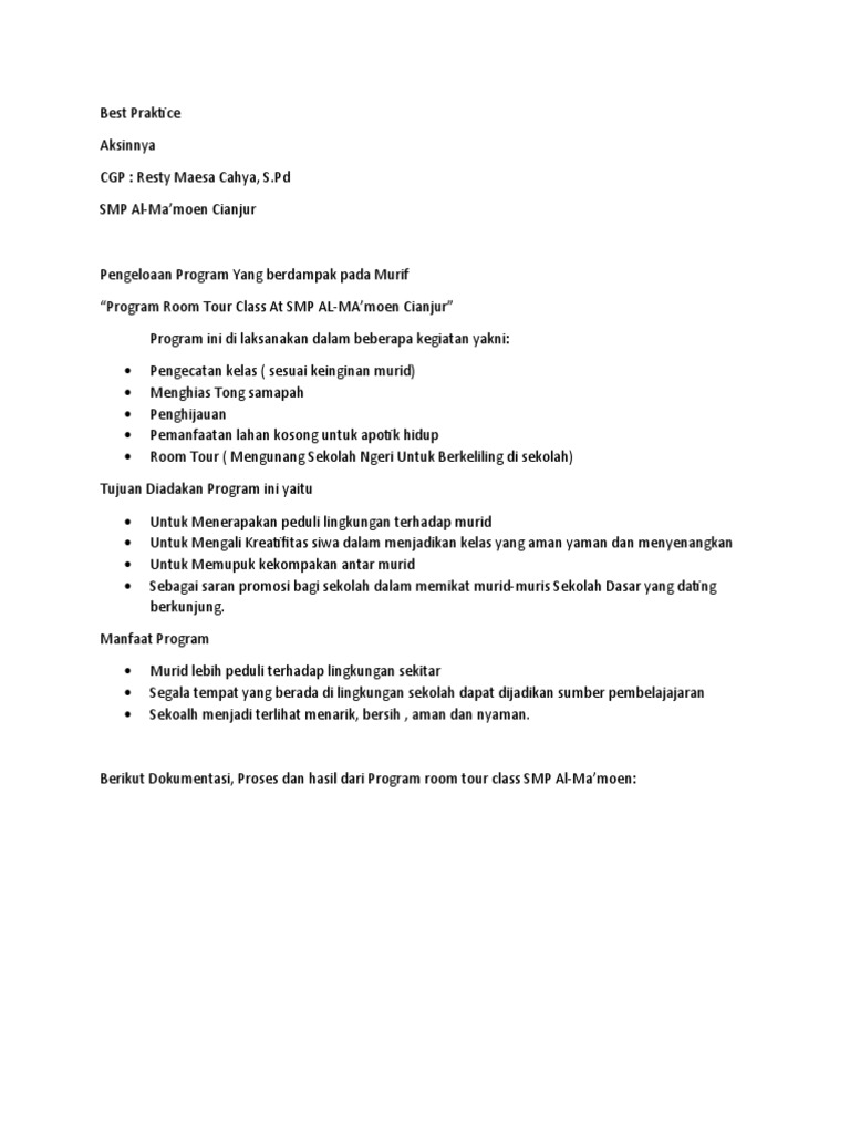 Best Praktice Program ROOM TOUR CLASS | PDF