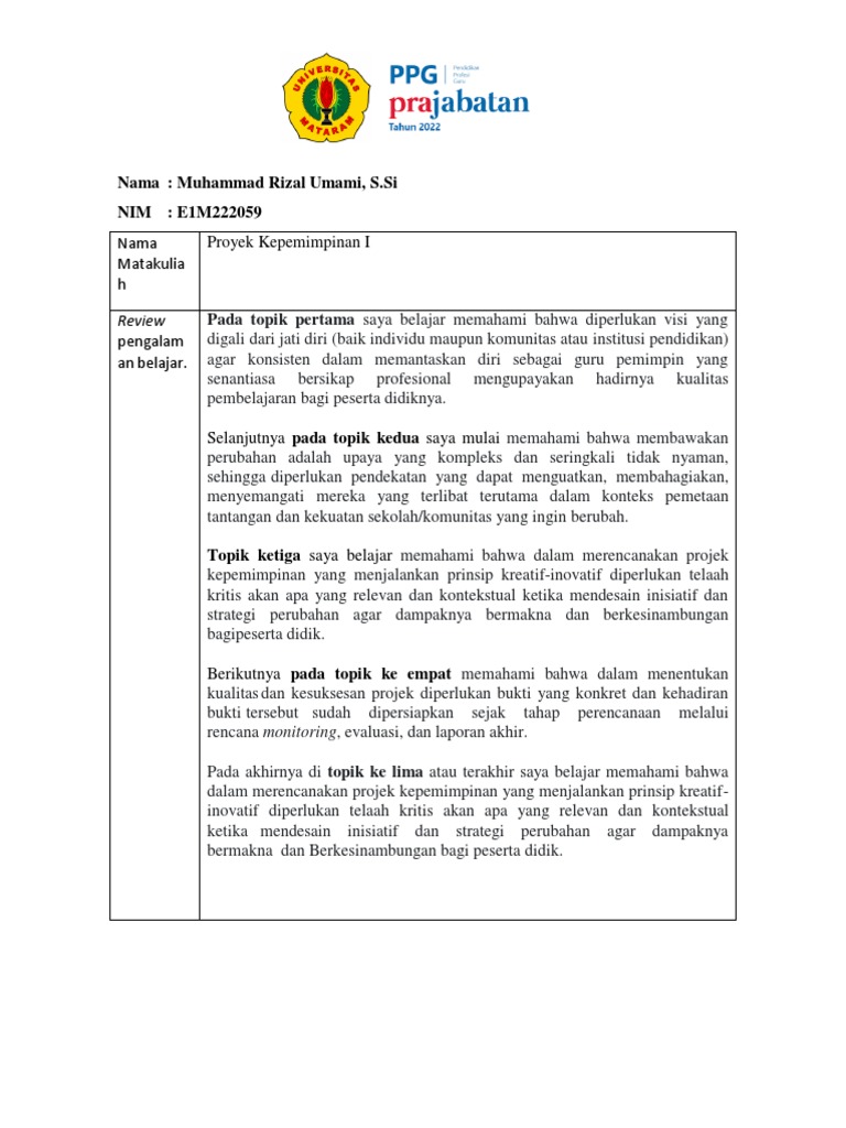Jurnal Refleksi - Muhammad Rizal Umami - Proyek Kepemimpinan I | PDF