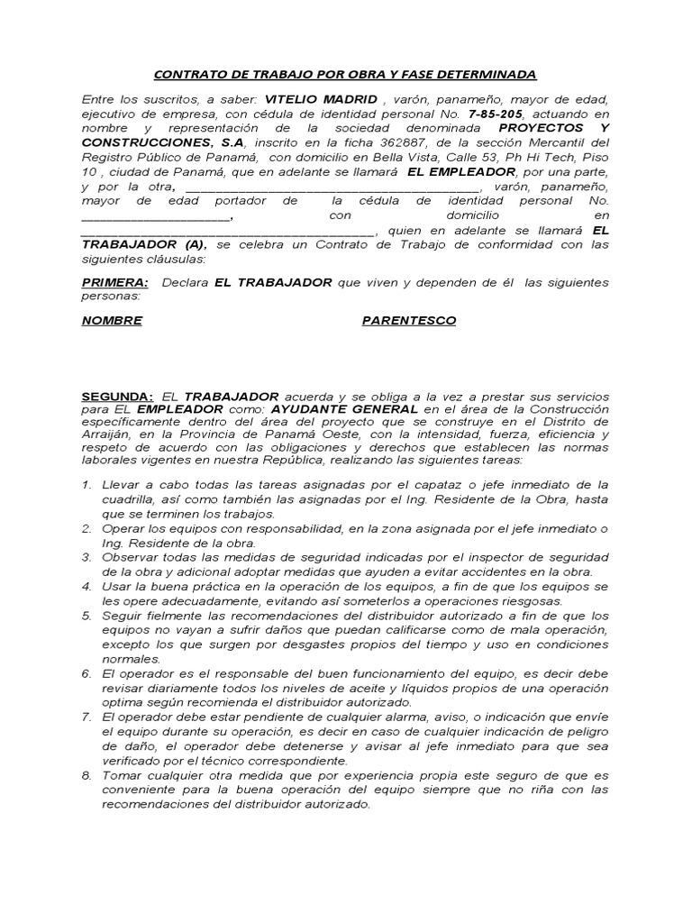 Modelo Contrato de Trabajo Por Obra y Fase Determinada (Ayudante General) | PDF | Panamá ...