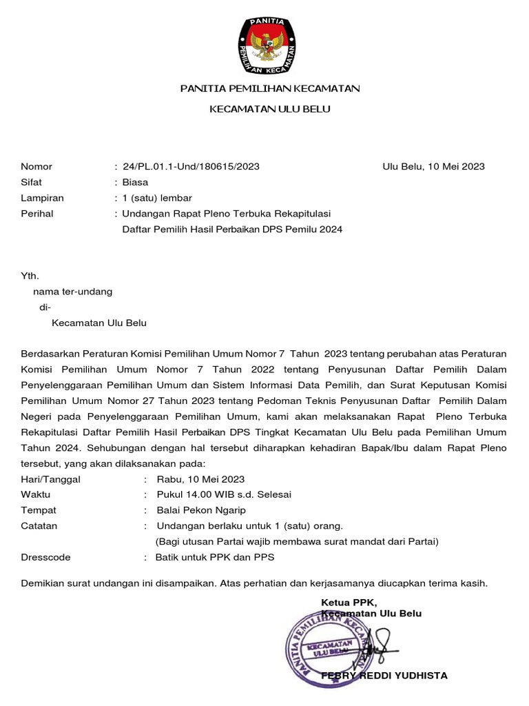 Undangan Rapat Pleno DPS Ulu Belu 2024 | PDF