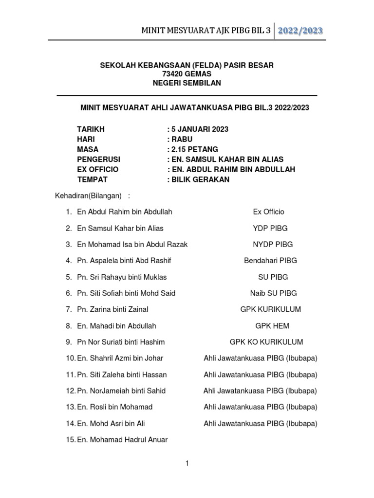 Minit Mesyuarat Ajk Pibg Bil 3 2022 | PDF