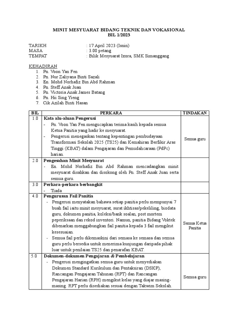 Minit Mesyuarat Bidang Voktek 1 2023 | PDF
