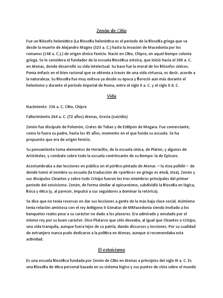 Zenón de Citio: Fundador del Estoicismo | PDF | Estoicismo | Filosofía ...