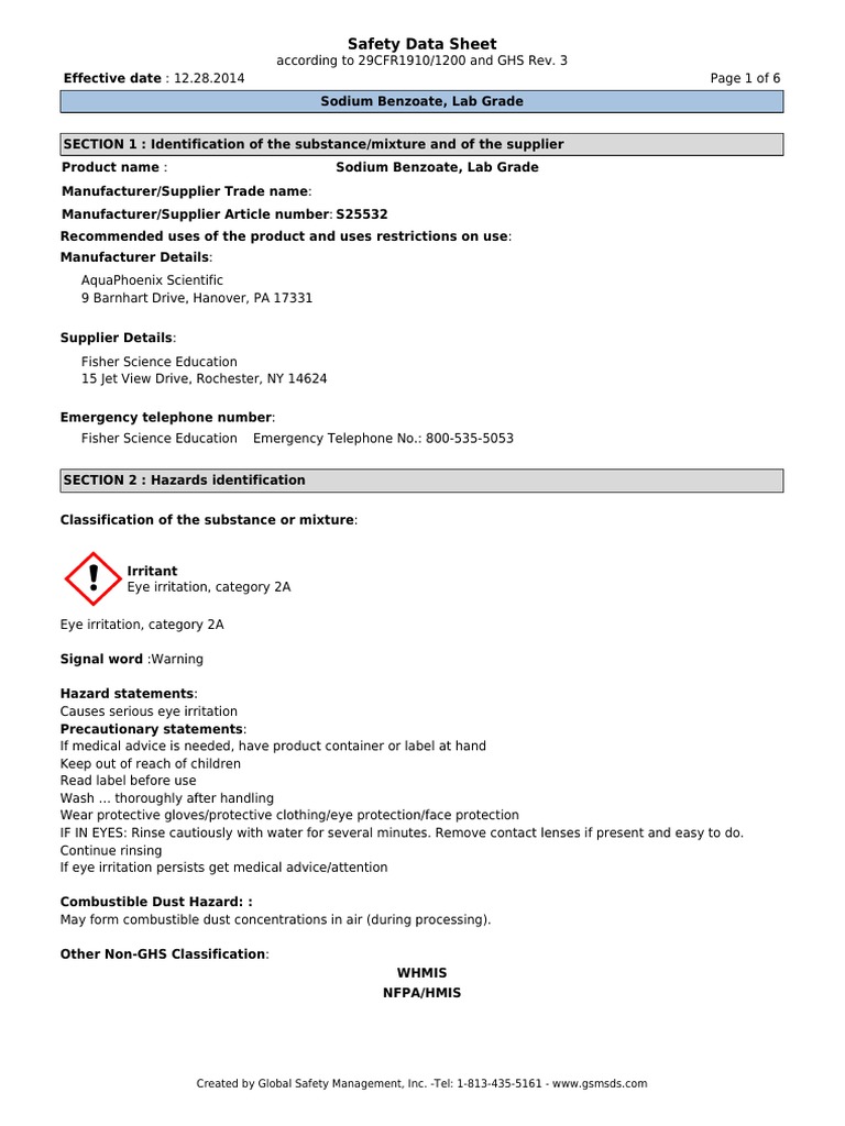 MSDS Sodium Benzoate | PDF | Dangerous Goods | Toxicity