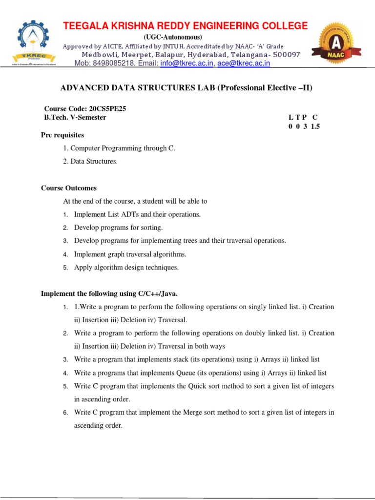 Advanced Data Structures Lab Pdf Computing Algorithms And Data Structures