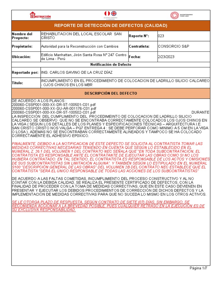 1 Notificación de Reporte de Defecto de Obra #023 | PDF
