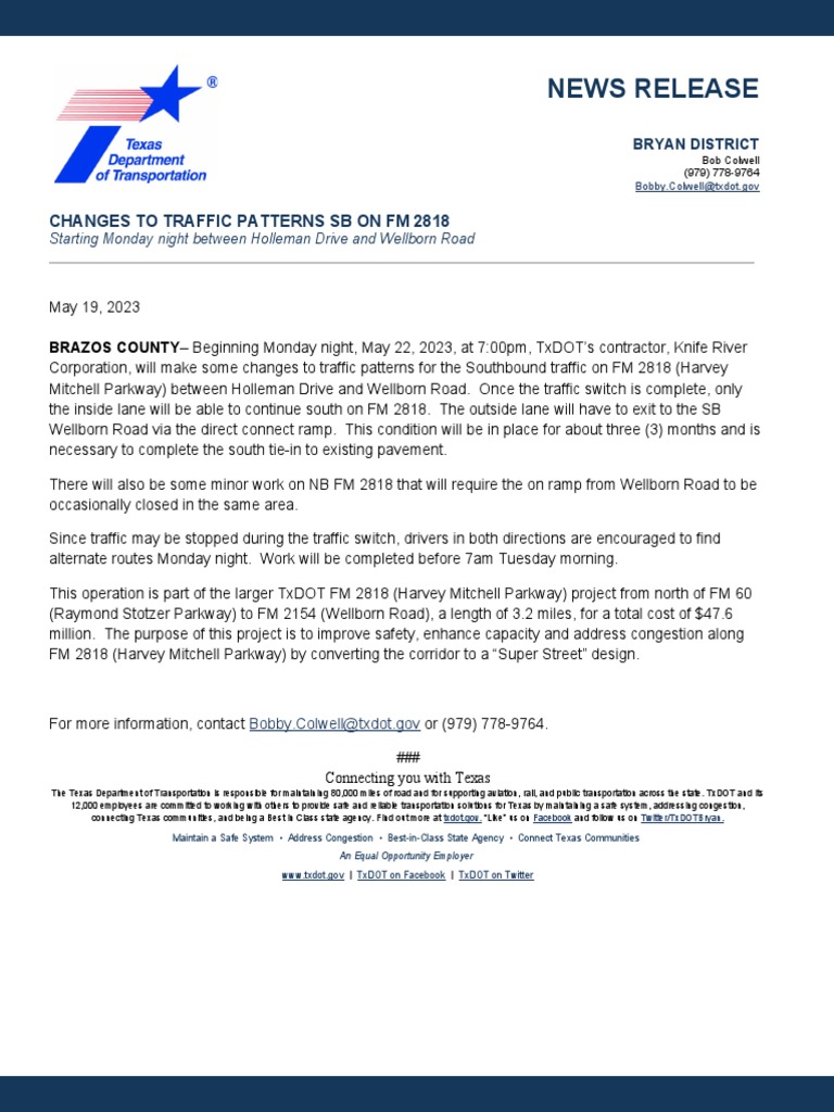 CHANGES TO TRAFFIC PATTERNS SB ON FM 2818-TxDOT NEWS RELEASE | PDF ...