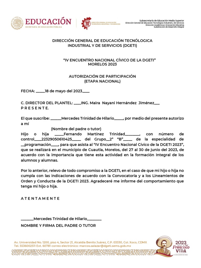 PERMISO PADRE O TUTOR 2023 Fernando | PDF