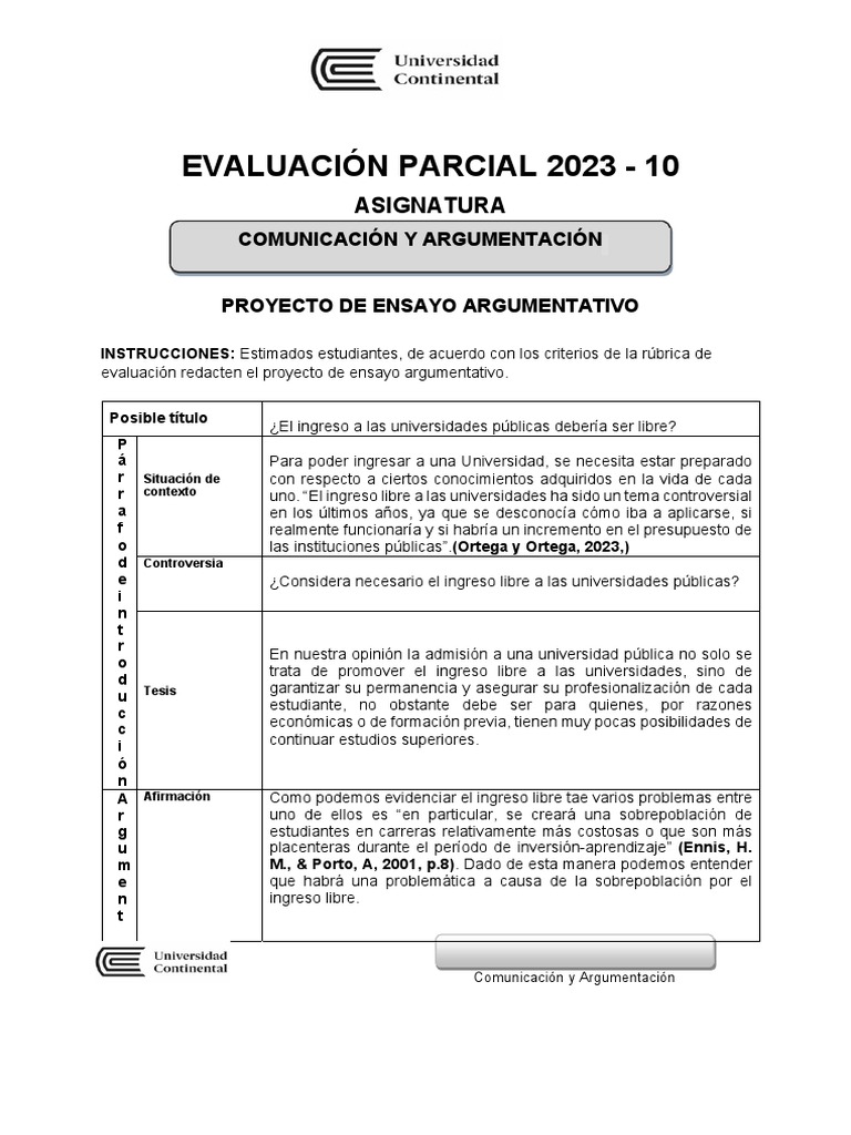 Formato Proyecto Ensayo Argumentativo 2023.-1 | PDF | Ensayos