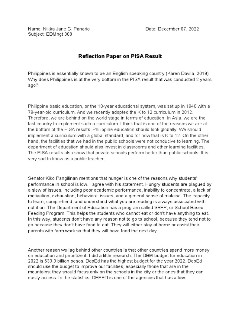 Reflection Paper On PISA Result | PDF | Teachers | Classroom