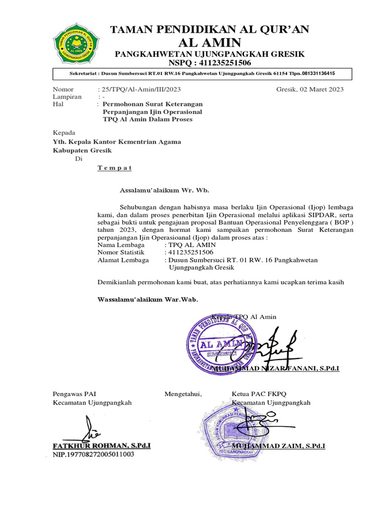 Surat Keterangan Ijop TPQ Al Amin Dalam Proses Tahun 2023 | PDF
