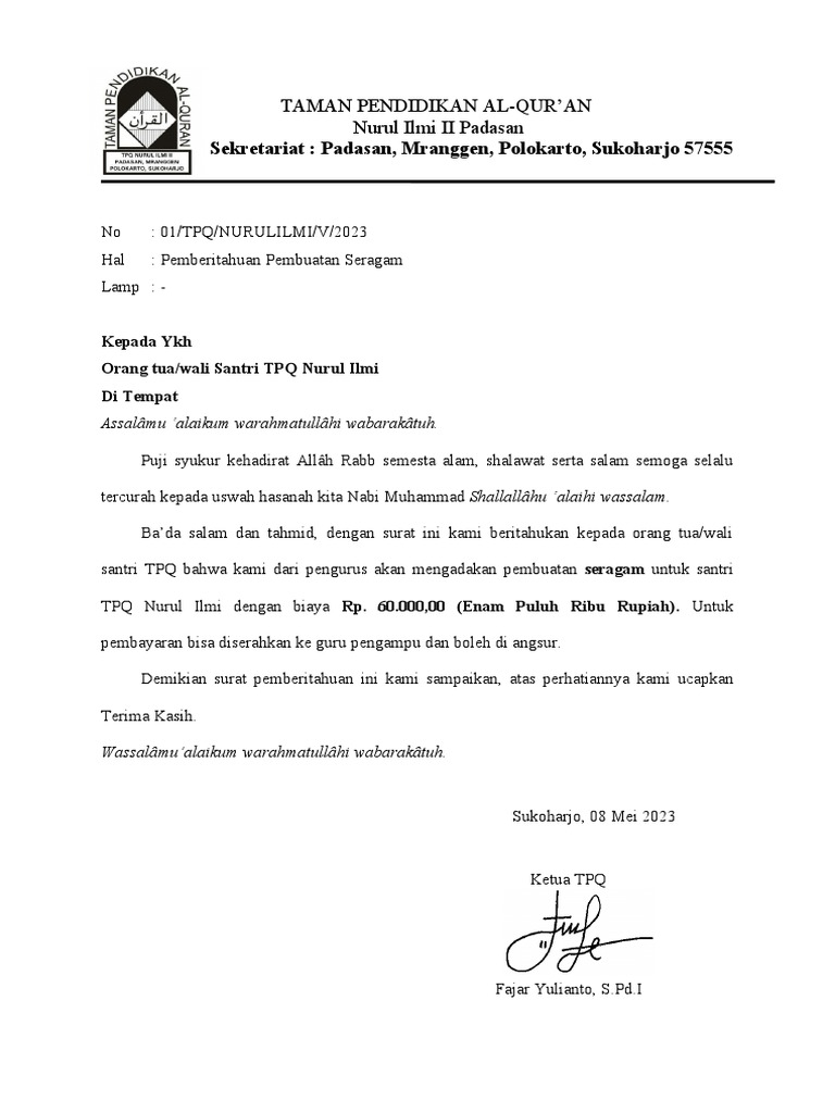 Surat Pemberitahuan Pembuatan Sragam Pdf