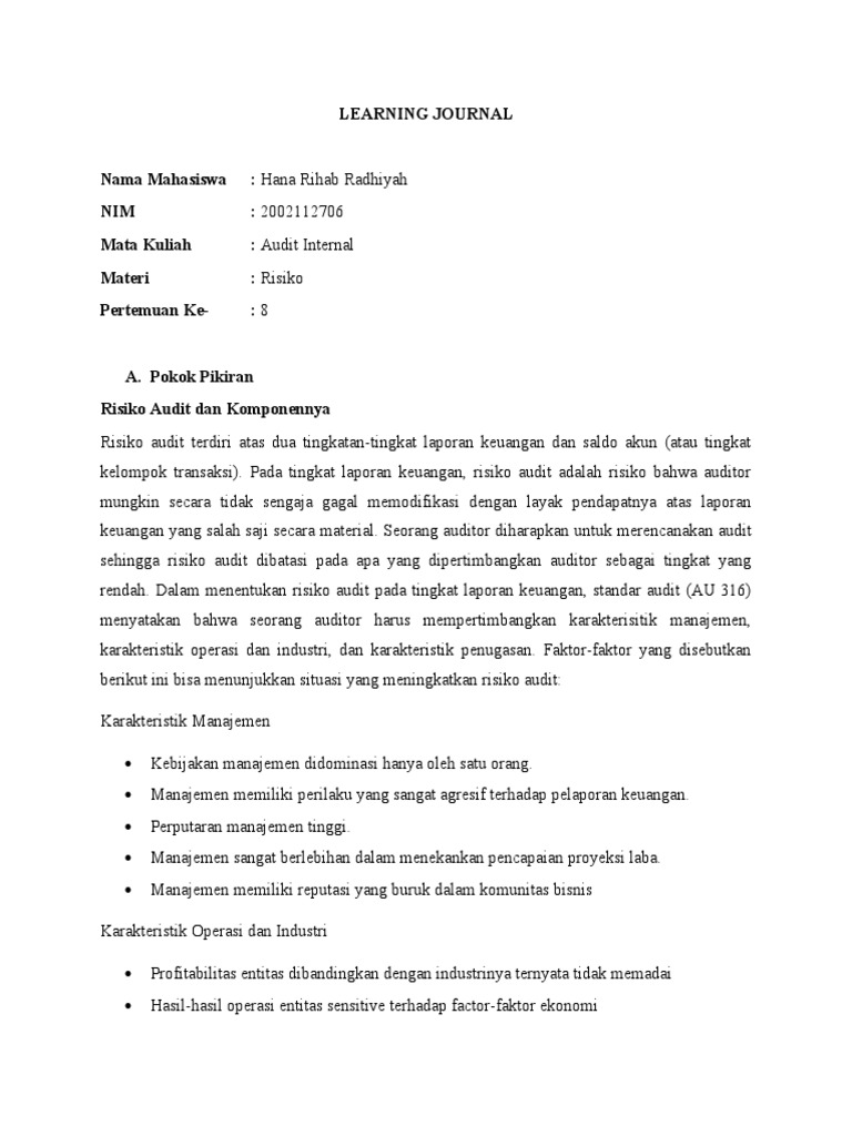 Learning Journal Audit Internal Pertemuan Ke 8 | PDF | Pengelolaan Keuangan & Uang