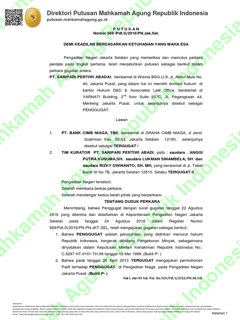 Putusan 569 PDT.G 2016 PN - Jak.sel. 20230522090947 | PDF